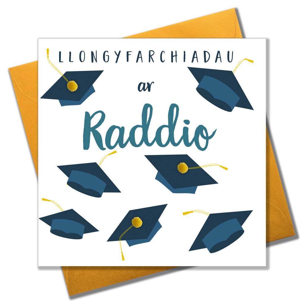 Welsh Graduation Congratulations Card, Mortar Hats, Pompom Embellished ...