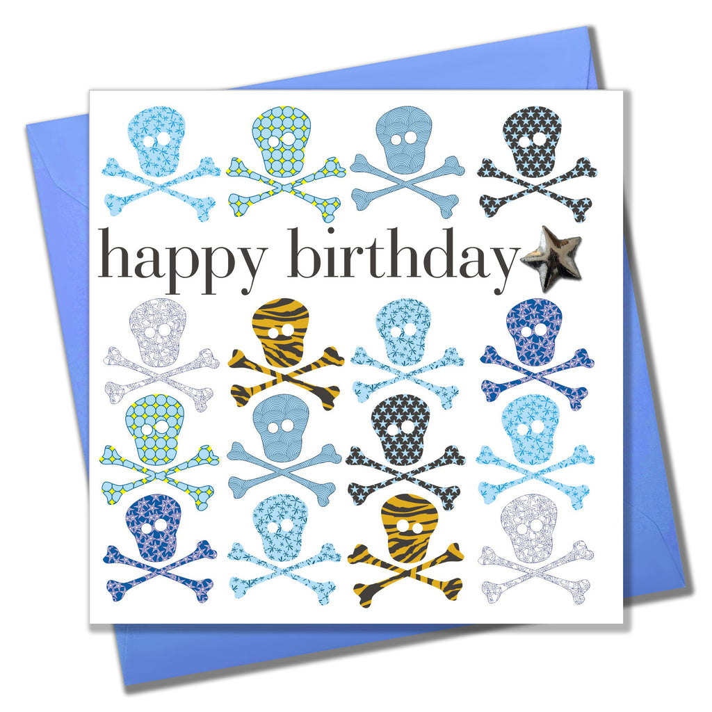 Birthday Card, Skull & Crossbones, Embellished with a shiny padded sta ...